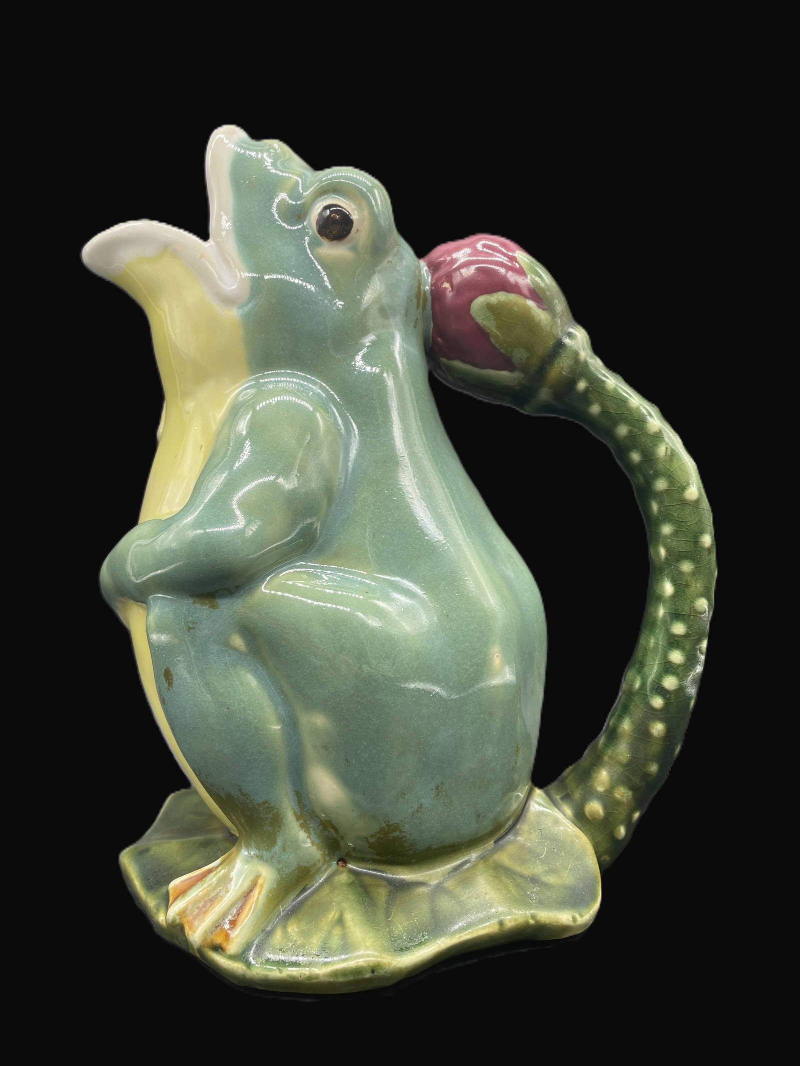 Ceramic Frog Pitcher Majolica Pottery Painted Jug Flower Handle Lily ...