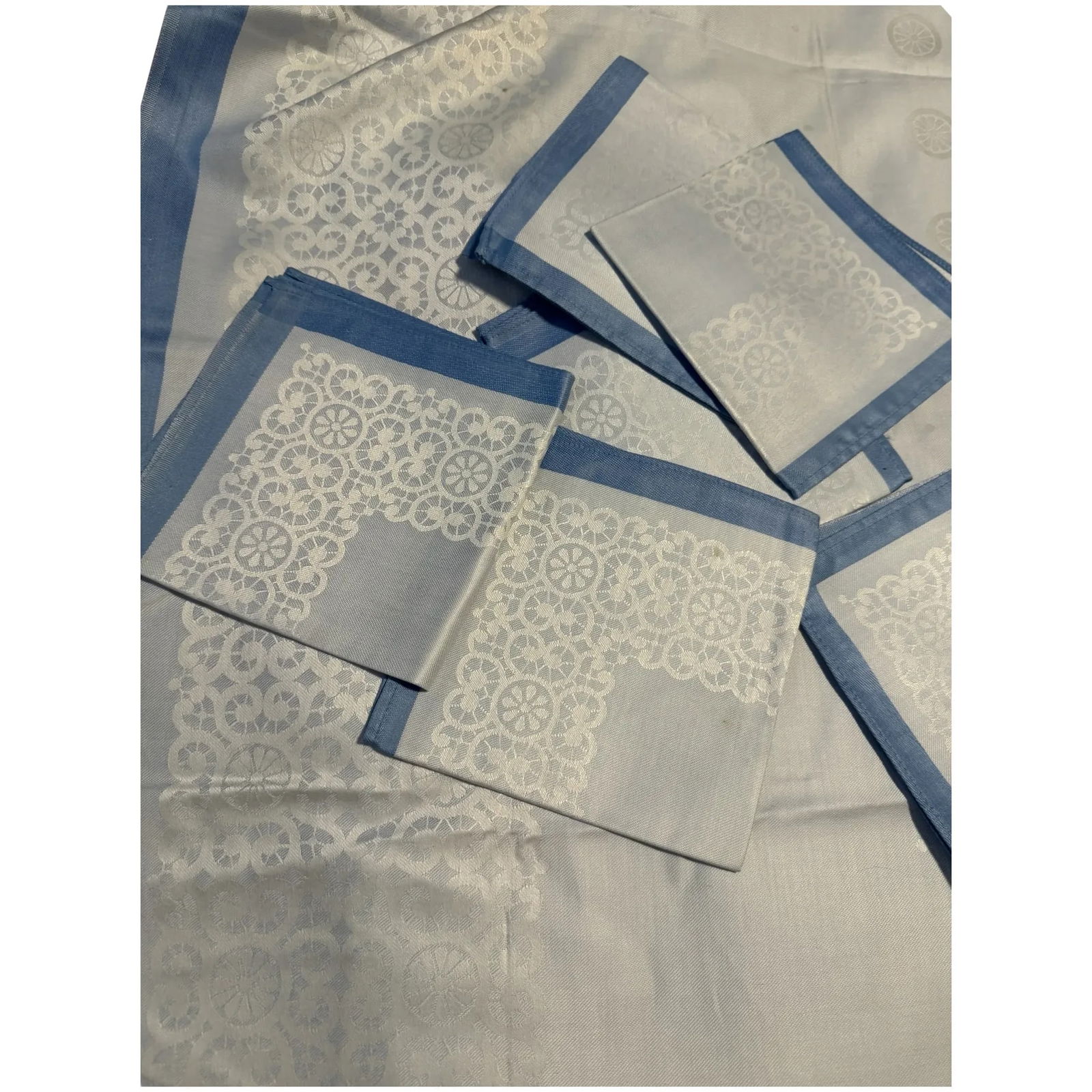 Vintage Light Blue Damask Tablecloth & 6 Napkins Set Mint Condition Auction