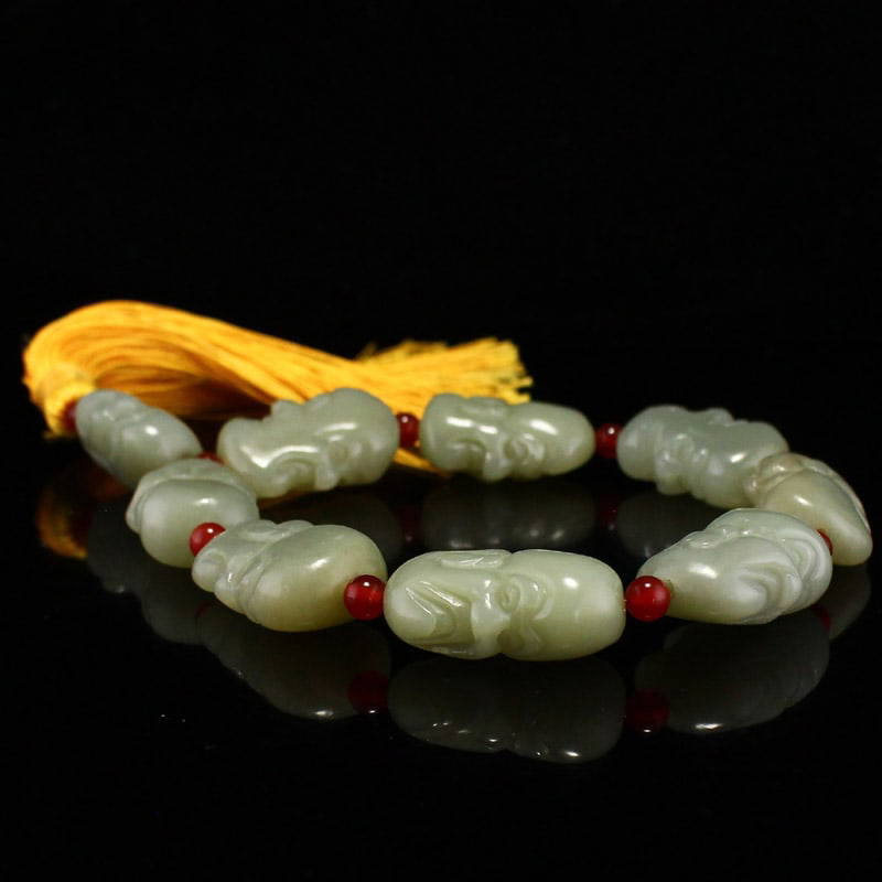 Chinese Natural Hetian Jade Carved Arhat Beads Bracelet Auction