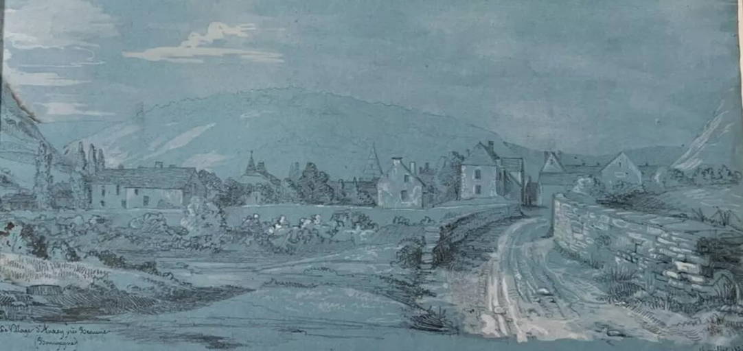 Antique Drawing Original Signed Beaune Landscape, Auxey 19th Century