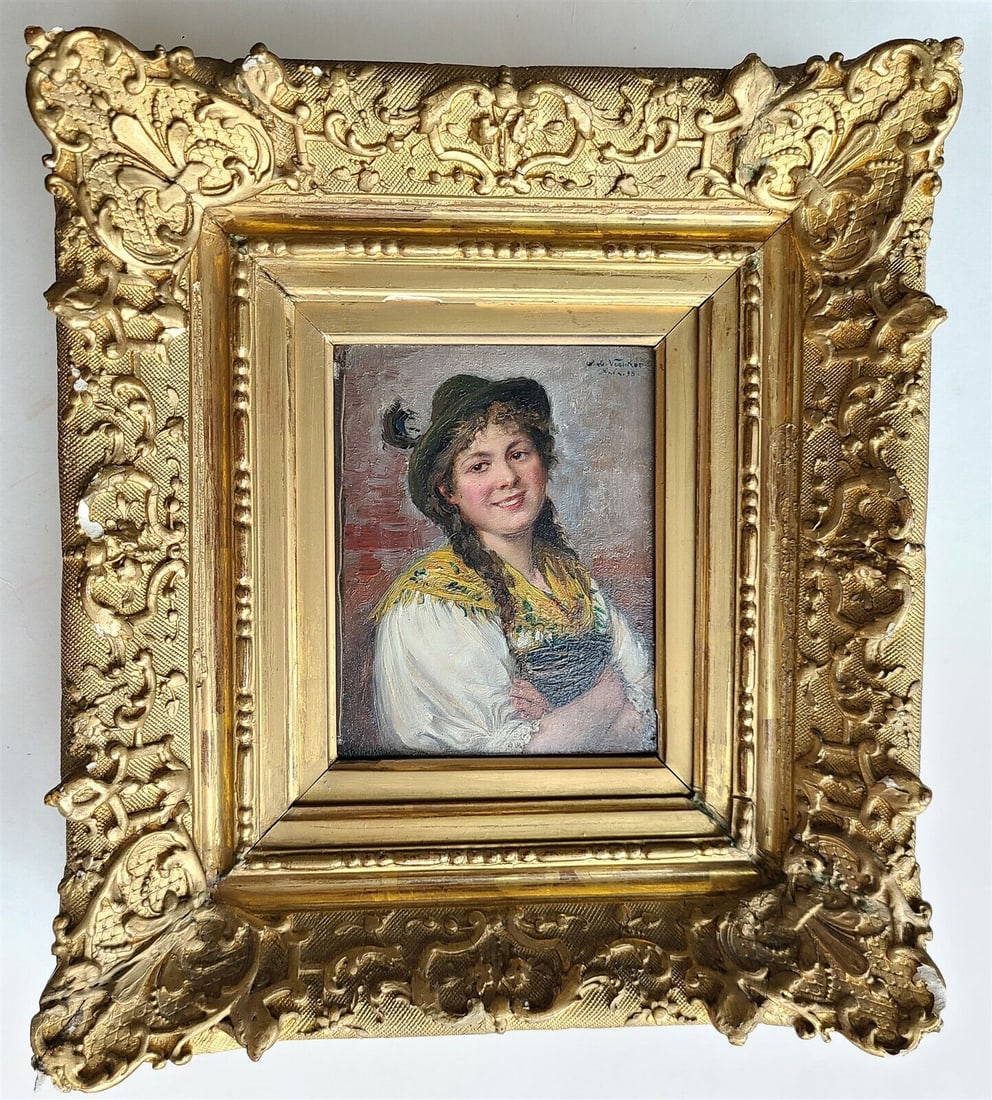 1898 Signed Oil Painting On Wood Framed Tyrolean Girl Antique Auction