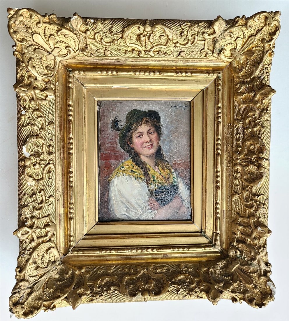 1898 Signed Oil Painting On Wood Framed Tyrolean Girl Antique Auction
