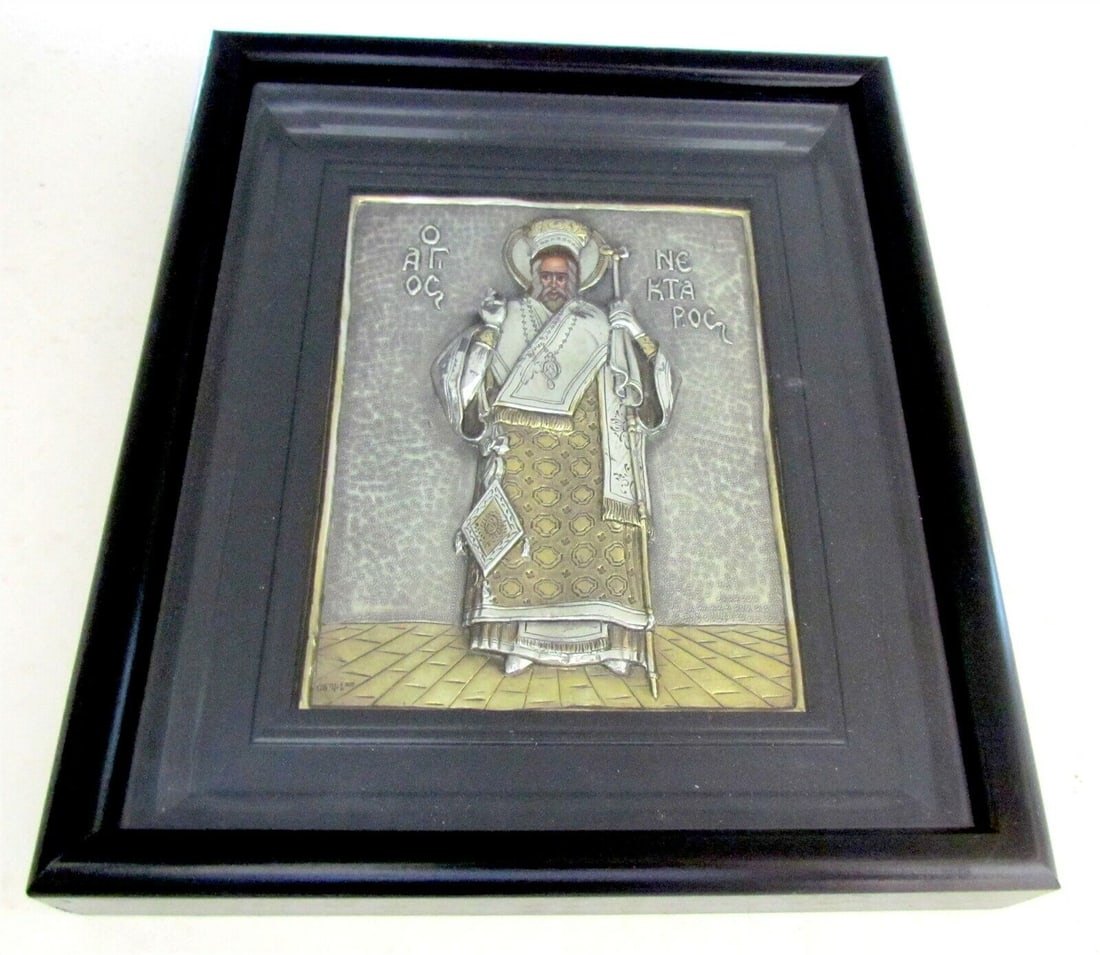 Greek Orthodox Silver Oklad Icon Of Saint Nektarios Marked 925 Hand ...