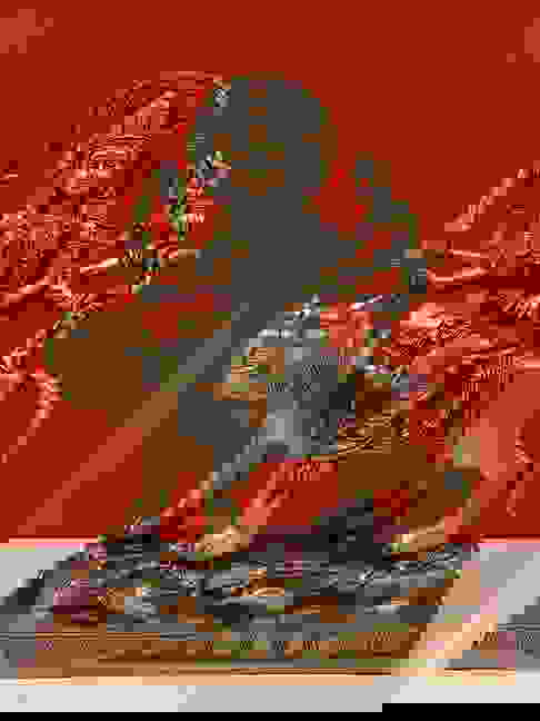 9" Eight-armed Durga On Her Mount In Brass Auction