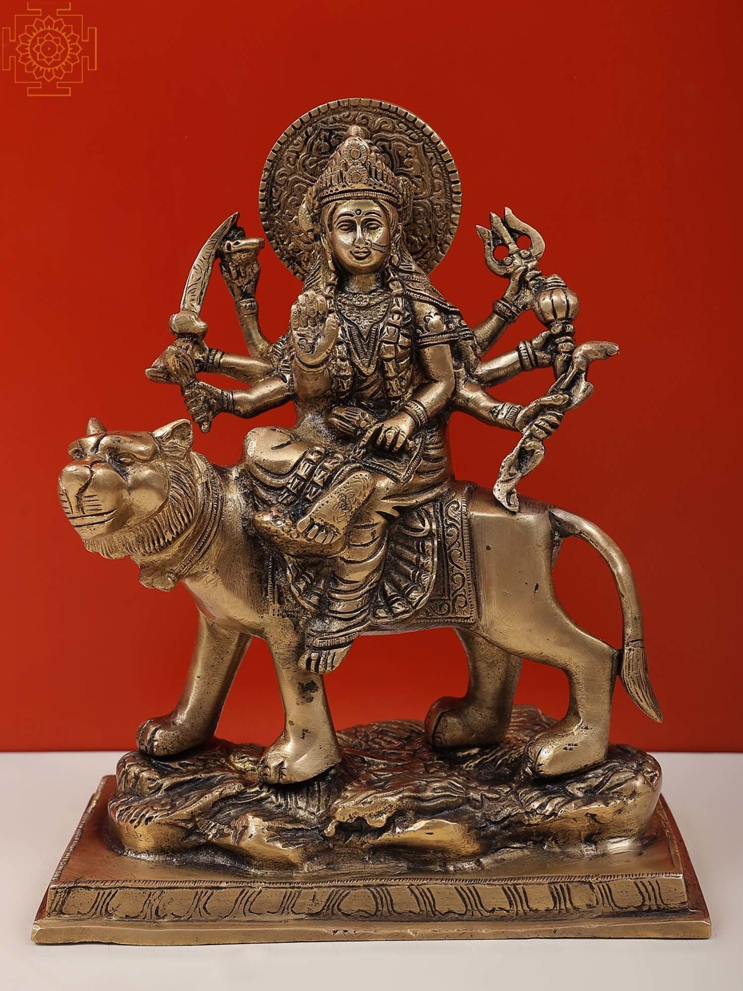9" Eight-armed Durga On Her Mount In Brass Auction