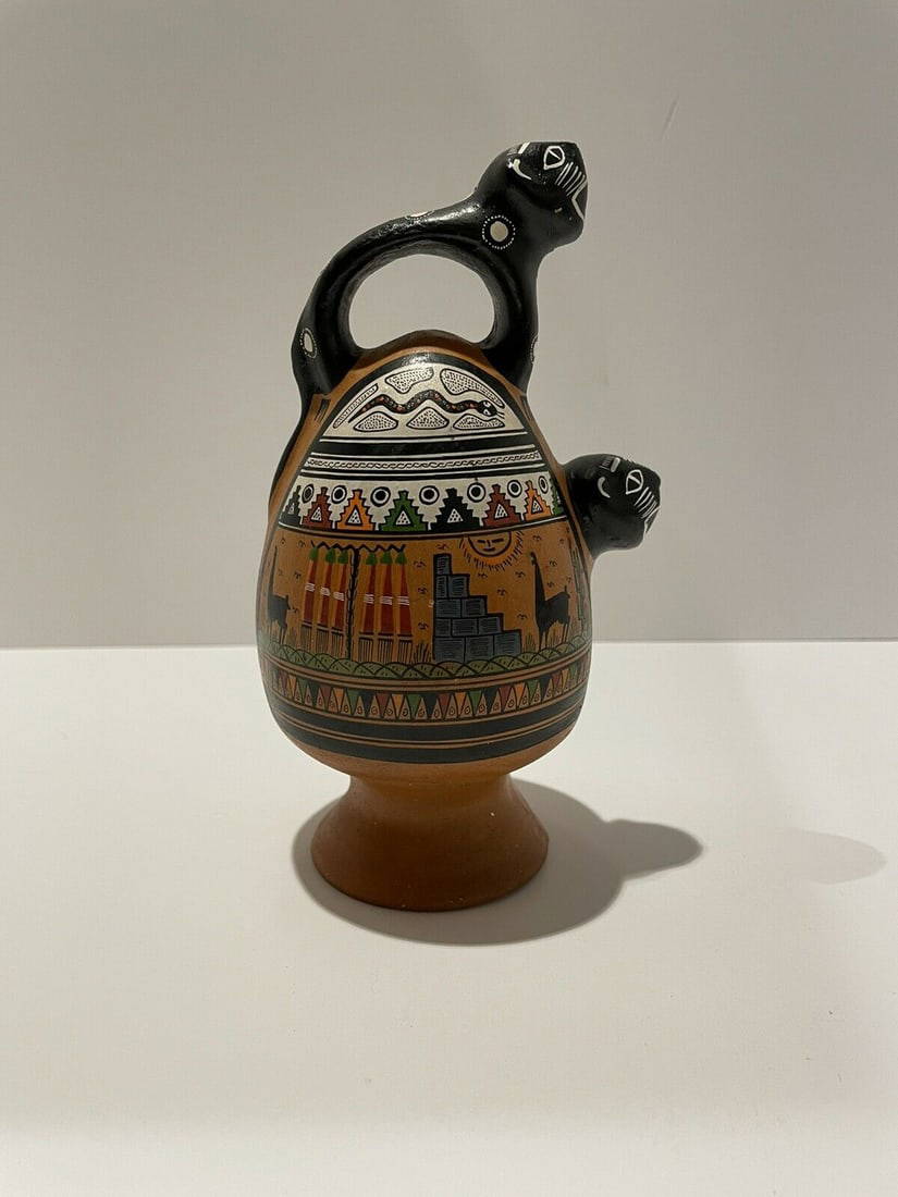 Cusco Peru Inca Jaguar Vessel Pitcher Jug Clay Folk Art Pottery Auction