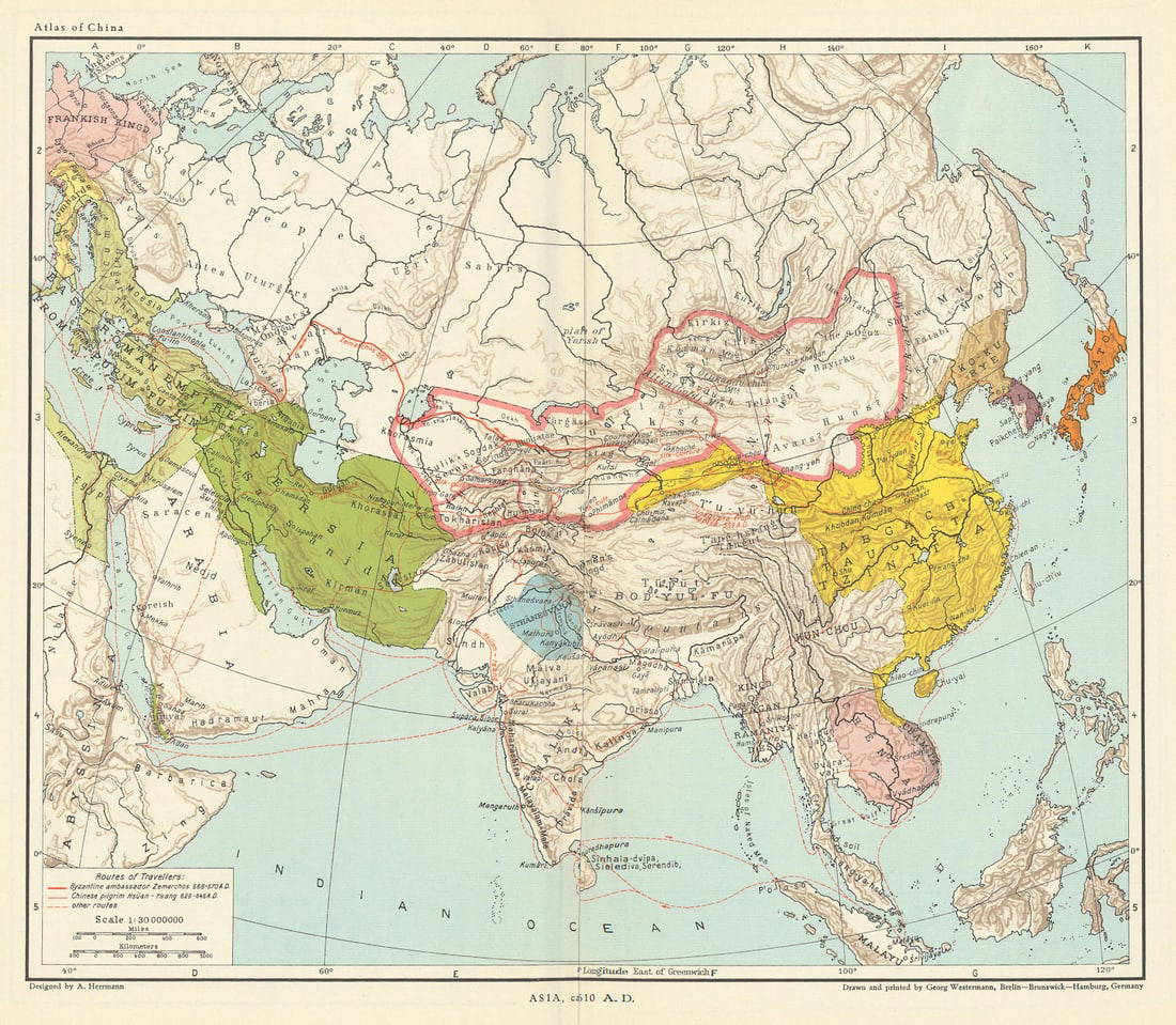 Asia 610 Ad Persia Chenla Tzinitza Silla Yamato. Zemarchos Hsuan-tsang ...