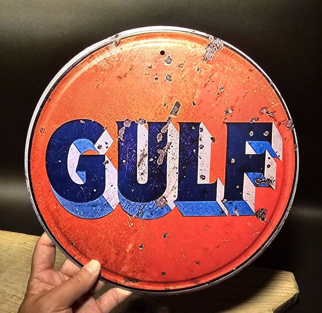 12" Metal Round Gulf Gas Oil Sign Auction