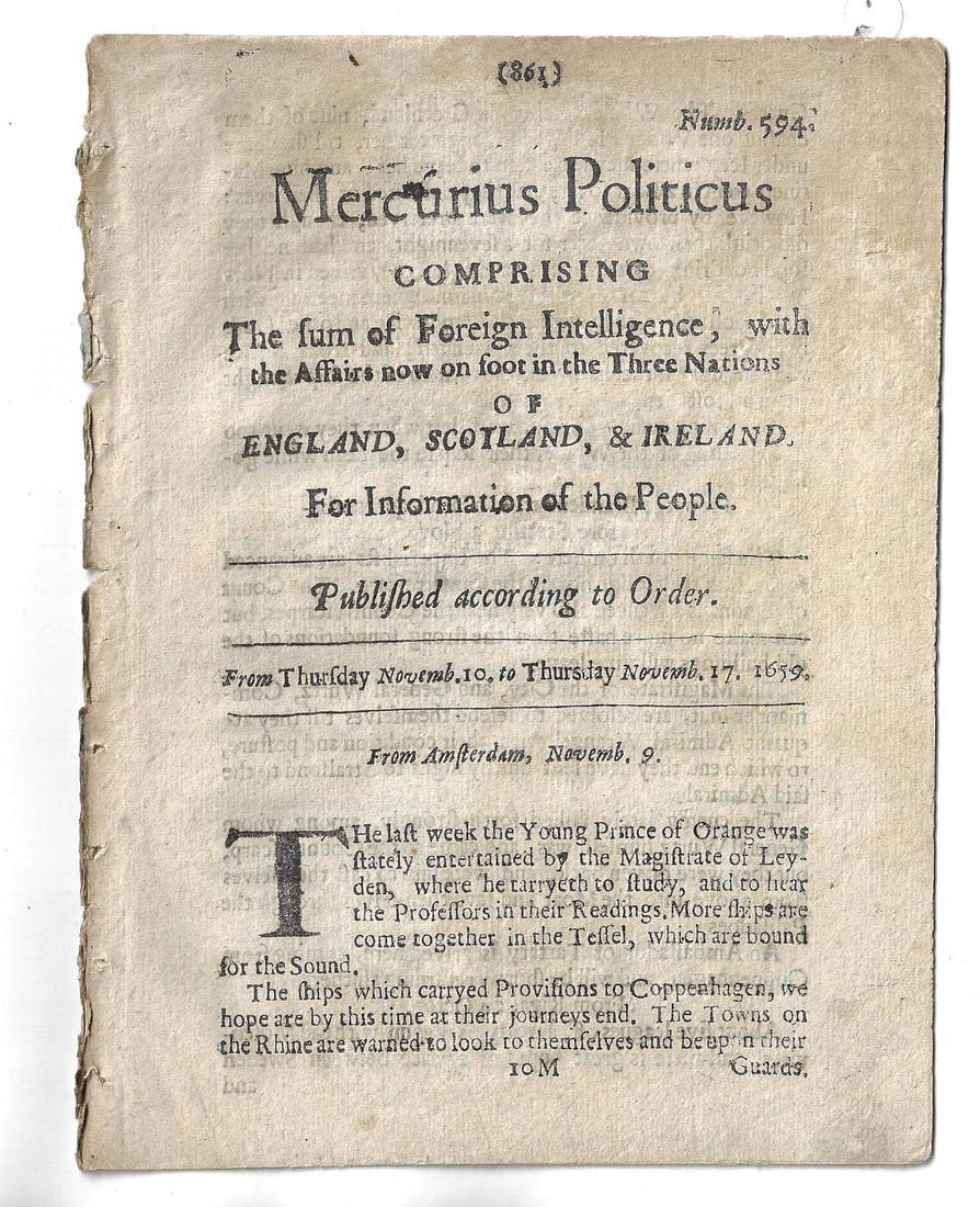 1659 English Mercurius Politicus News Rebellion Auction