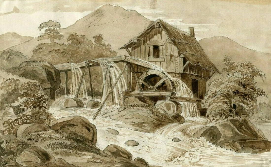 Antique Ink Drawing Original 19th Century Landscape, Mountain, Water ...