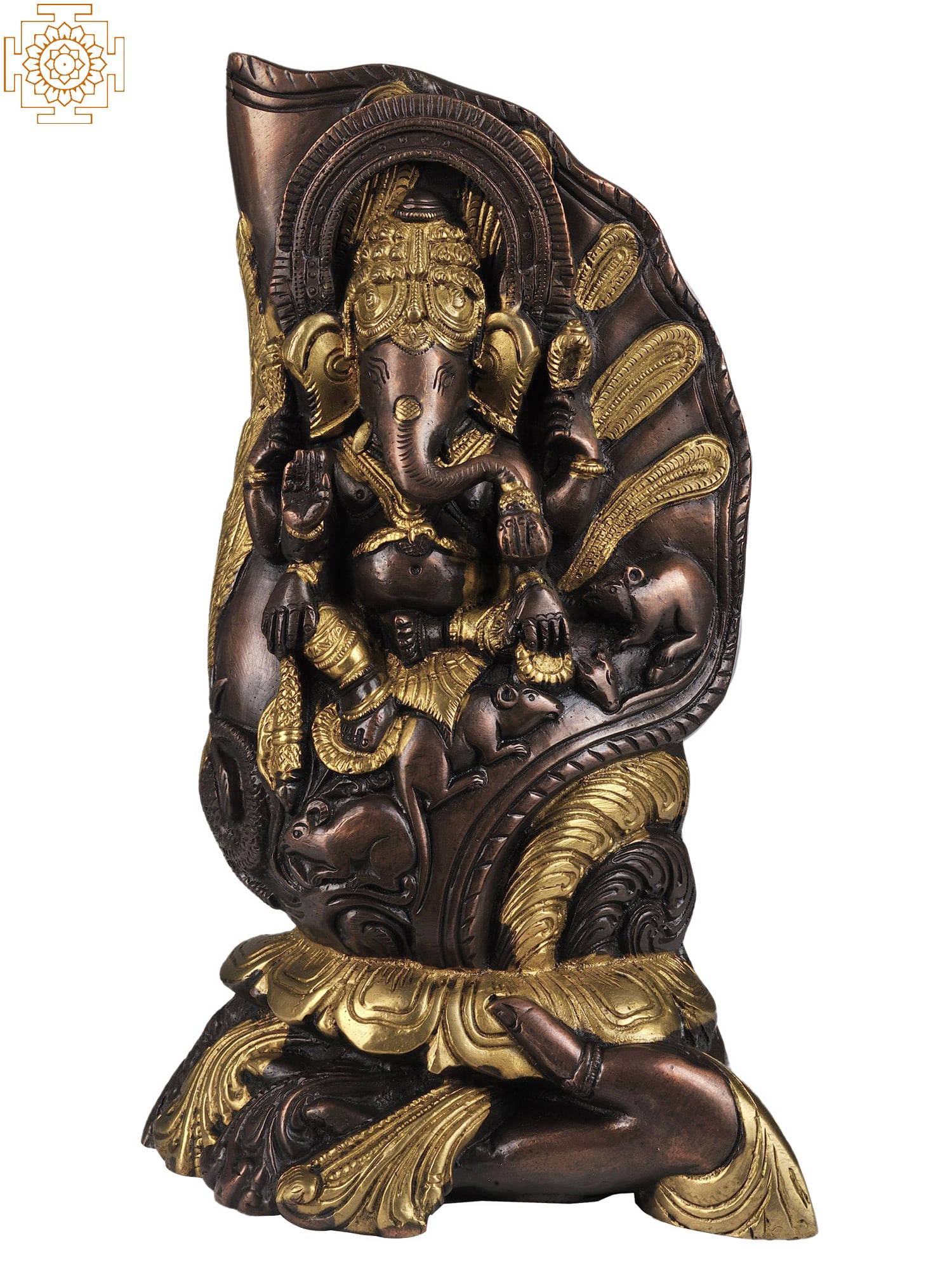 9" Hand-held Conch Ganesha Statue In Brown And Golden Hues In Brass Auction
