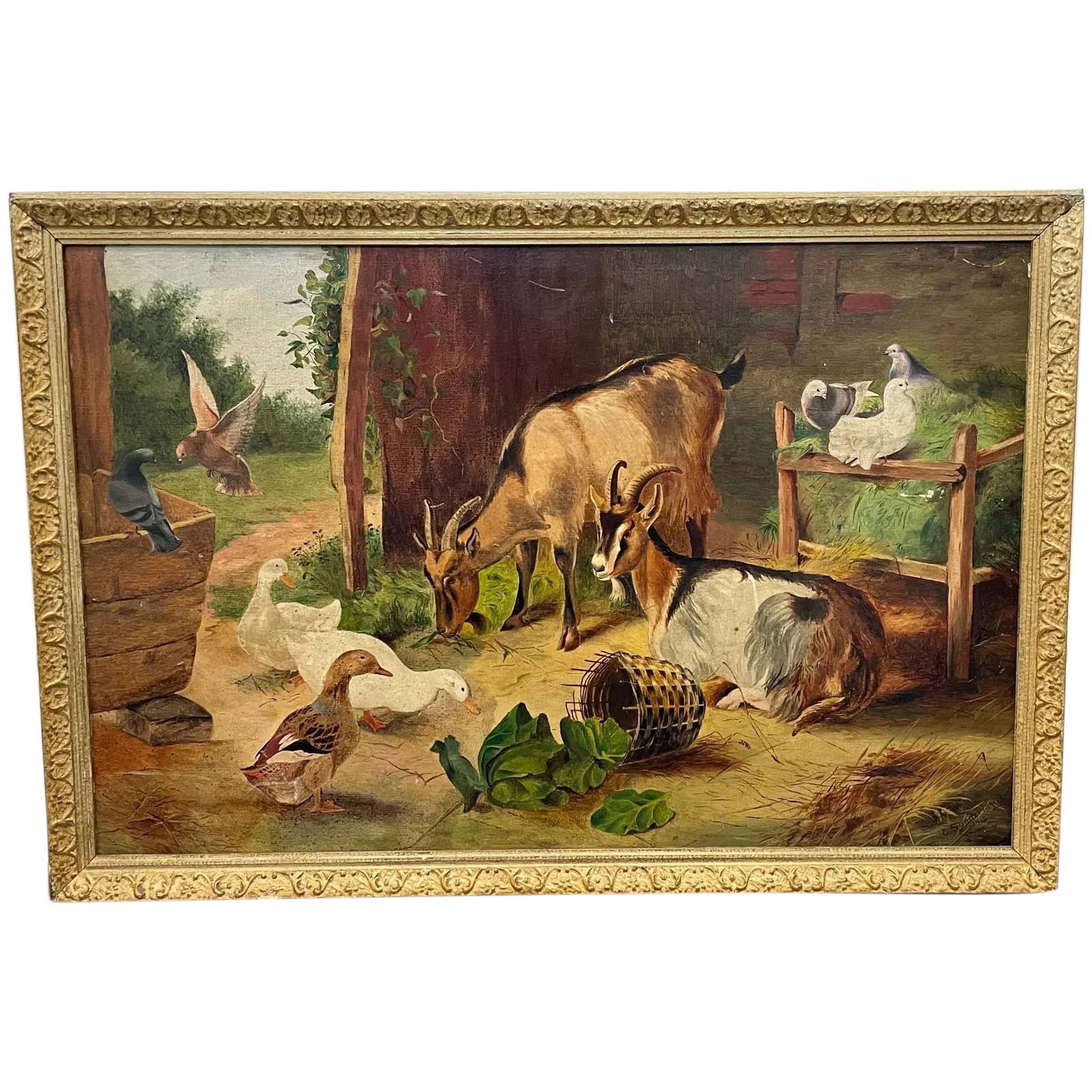 Antique Oil Painting "farmyard Gathering" Follower Of Edgar Hunt Auction