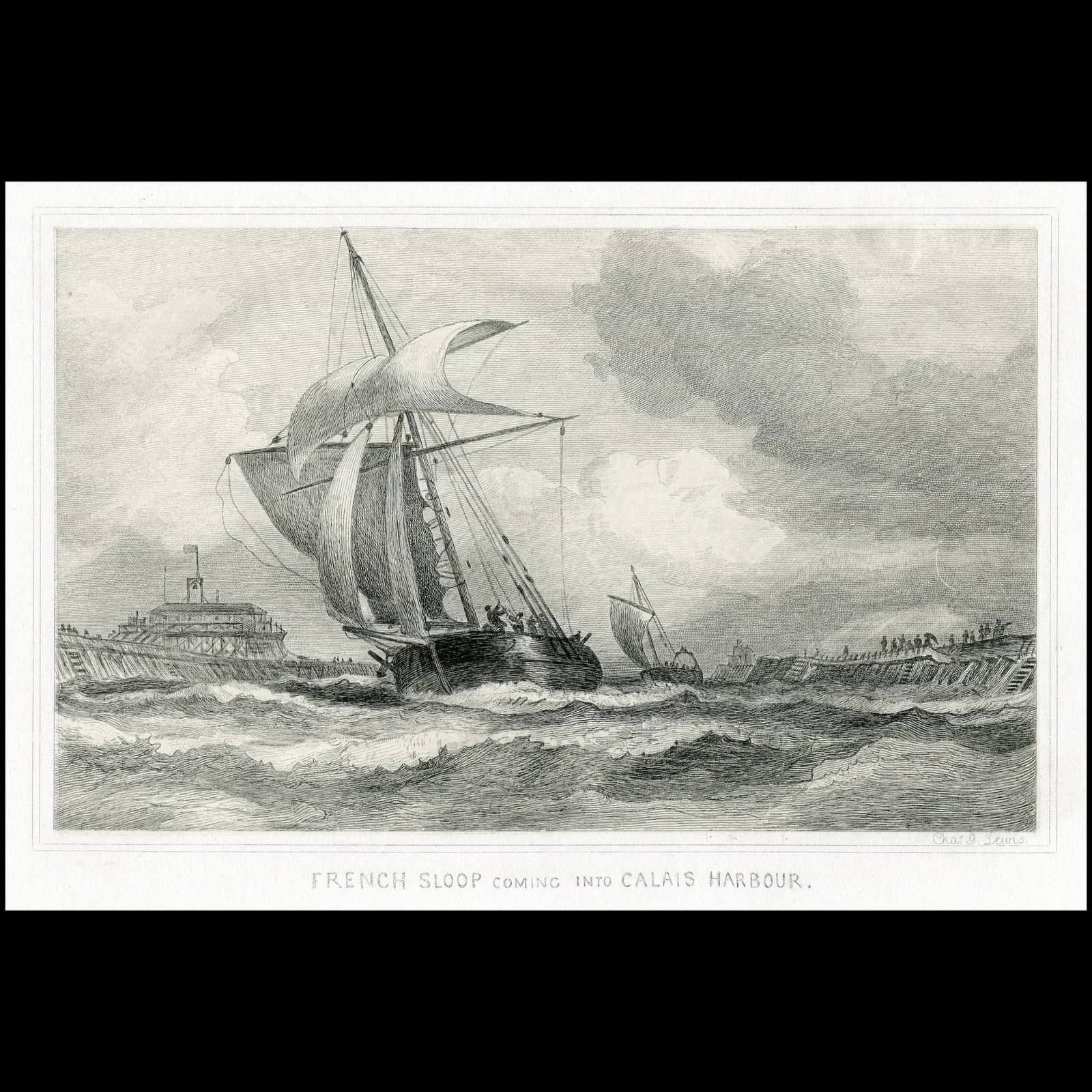 French Sloop Coming Into Calais Harbour, France- Antique Engraving Auction