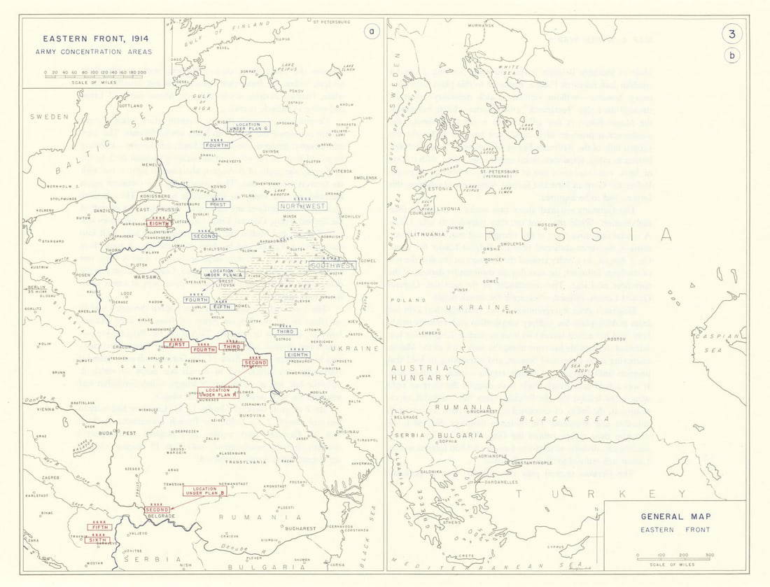 World War 1. Eastern Front, 1914. Army Concentration Areas 1959 Old Map ...