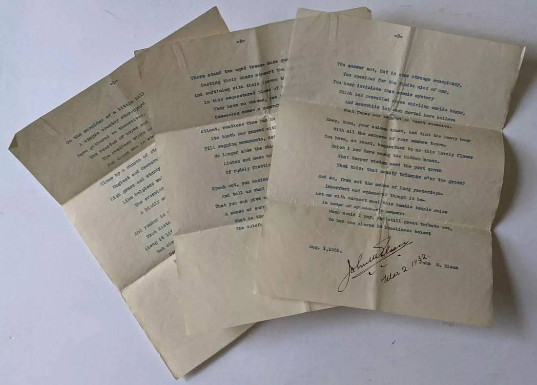 1932 Autograph Signed Poem By Author John M Elson Memorial Tribute To ...