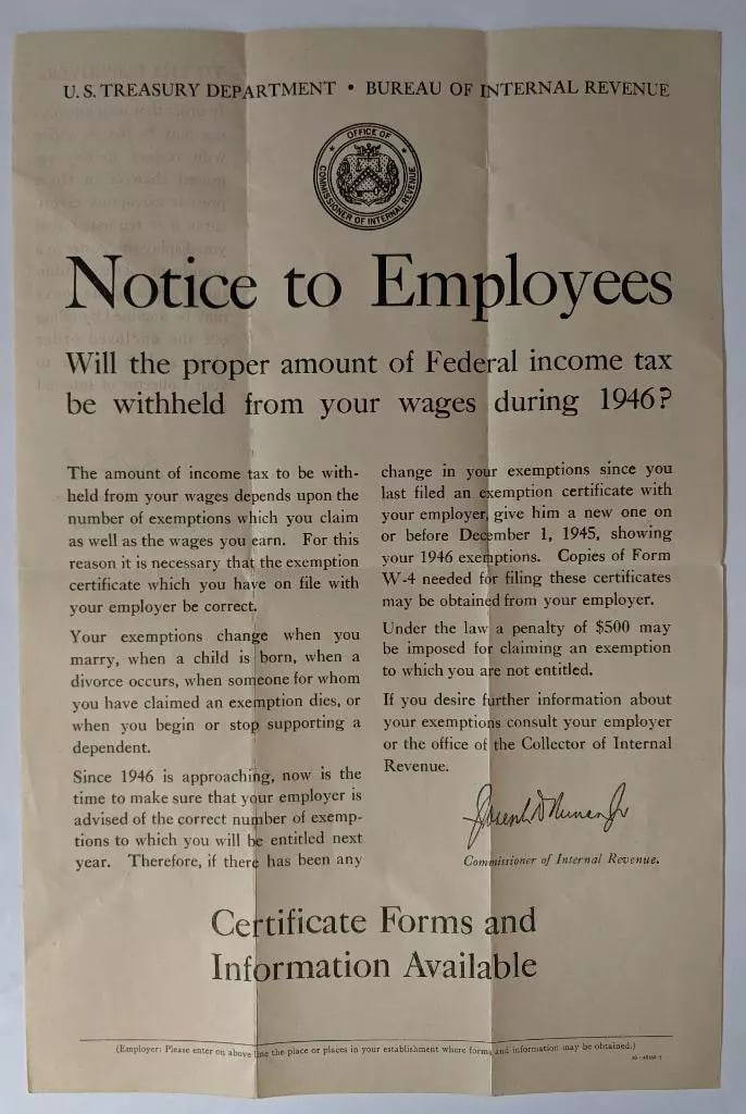 Vintage 1946 Us Treasury Department Irs Income Tax Withholding Notice ...