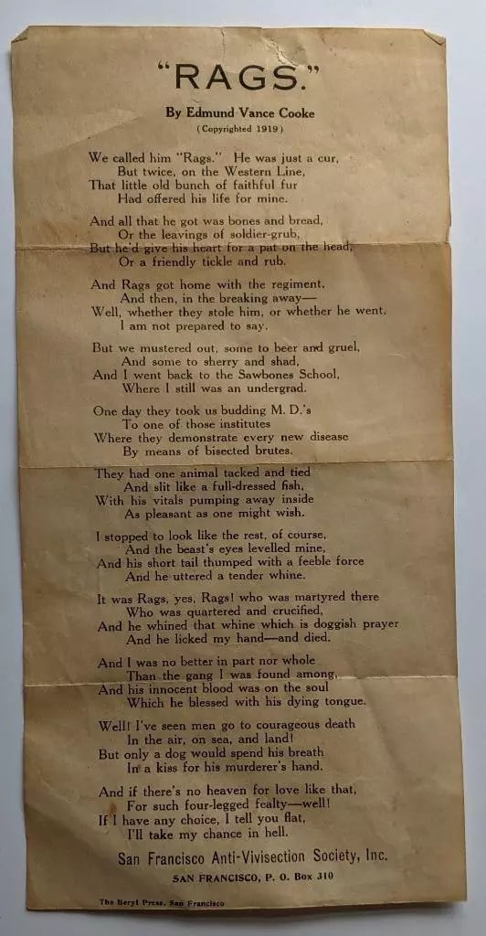 1919 Macabre Anti Animal Cruelty Poem Broadside, Rags, Ev Cooke Anti ...