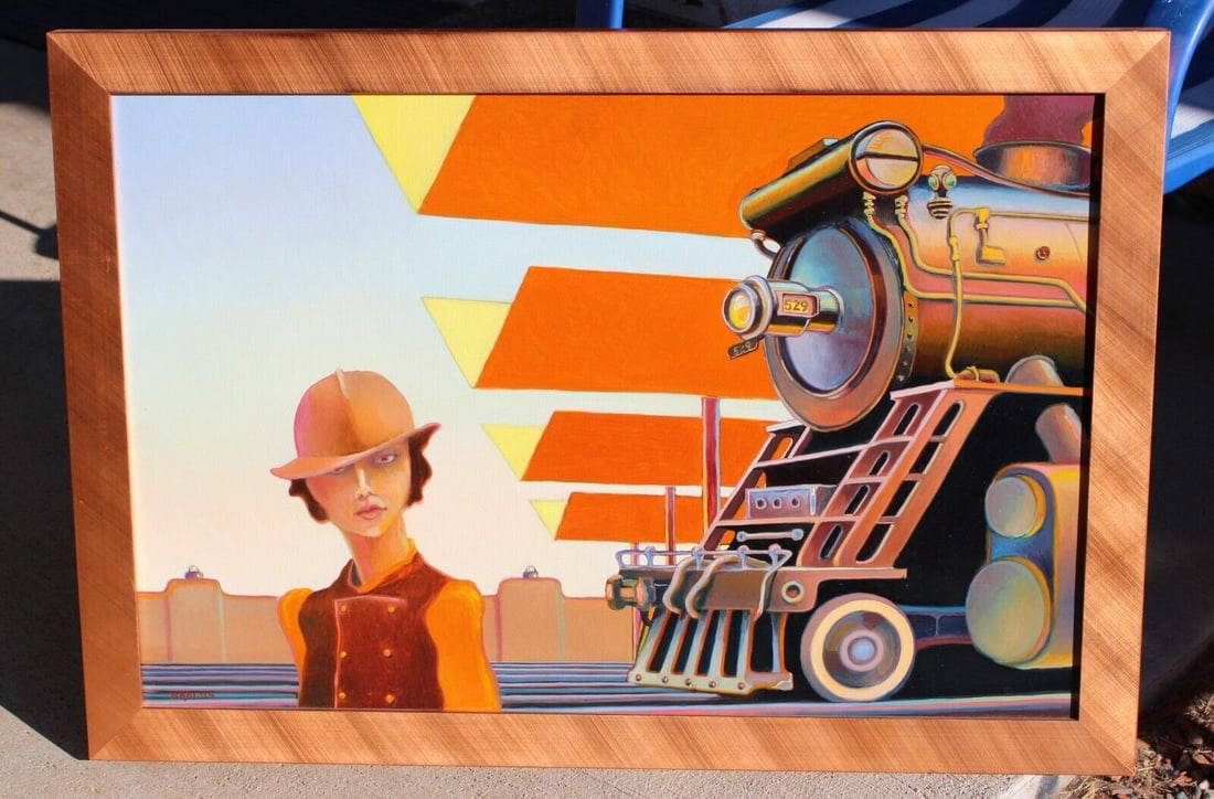 Thomas G. Harcus Woman In A Hard Hat By A Train Acrylic Painting Auction