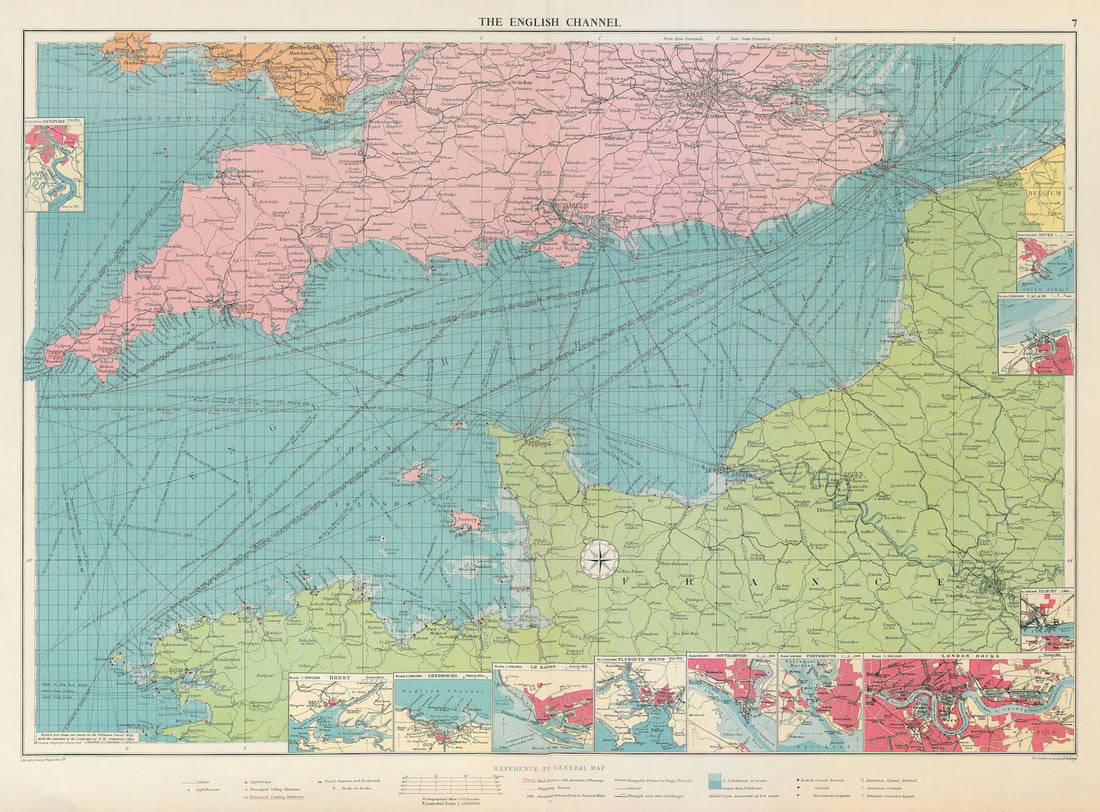 English Channel Sea Chart. Ports Lighthouses Mail Routes. Large 1959 ...