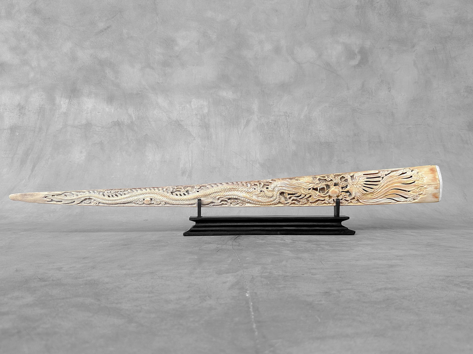 Large Engraved Swordfish Rostrum - Dragon Phoenix Motif Auction