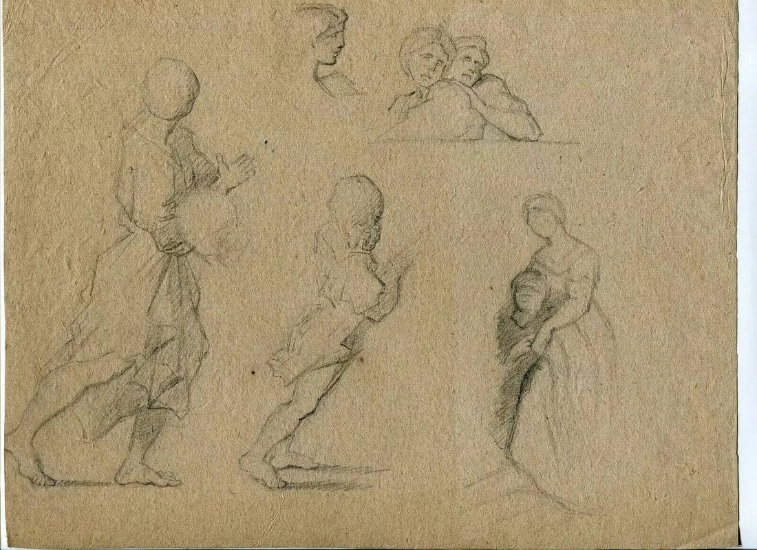 Antique Ink Drawing 19th Original Portraits Genre Scene,people Sketch ...