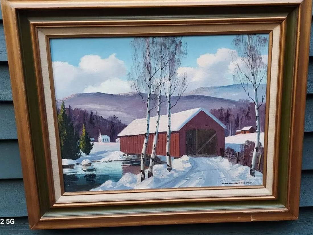 Snow Covered Bridge Oil Painting Listed Artist Edna Engelhardt (1897 ...