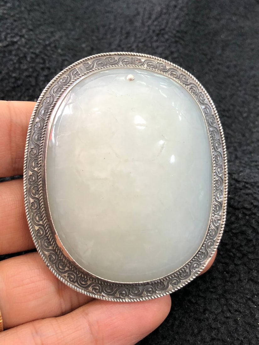 Vintage Chinese Pure Silver Inlay White Hetian Jade Turtle Shell Belt ...