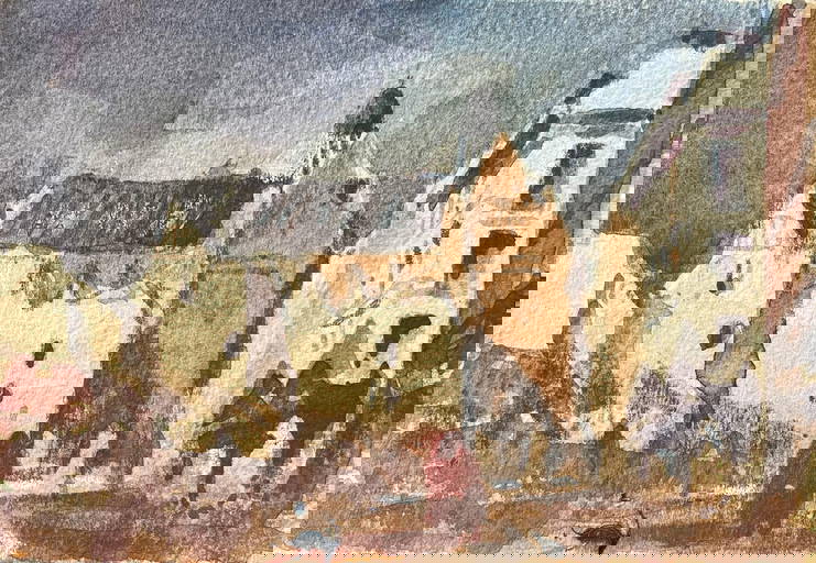 French Impressionist Watercolor Of A Gothic Church And Town Square ...