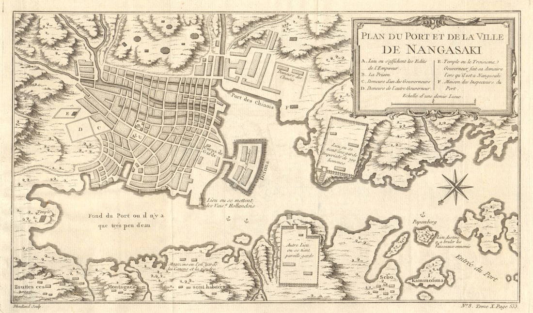 Plan Du Port Et De La Ville De Nangasaki'. Nagasaki, Japan. Bellin 1752 Map Auction
