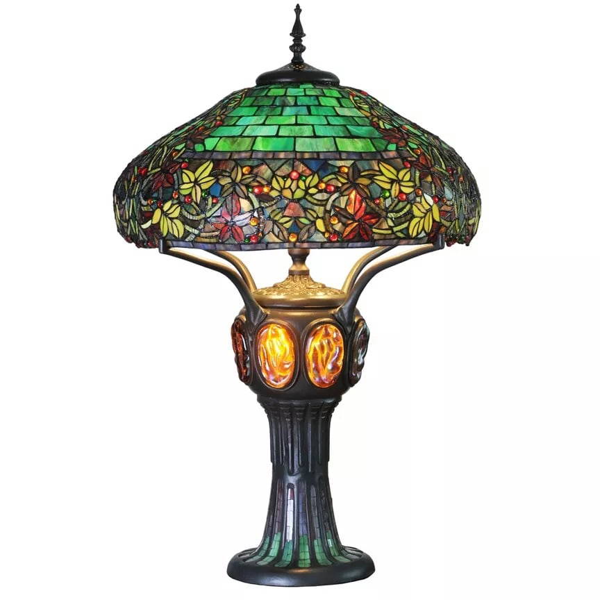 34"h Green Turtleback Mosaic Lighted Base Stained Glass Table Lamp Auction