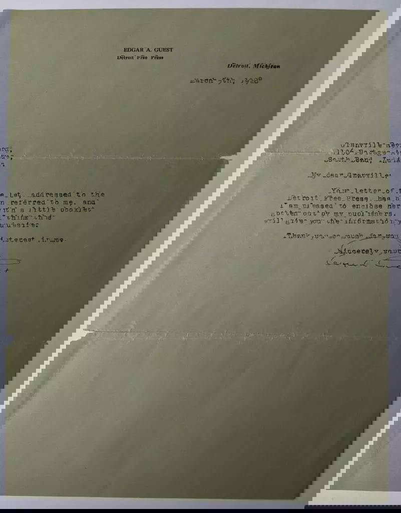 Buy 1928 Autograph Signed Letter Edgar A. Guest Journalist Detroit Free ...