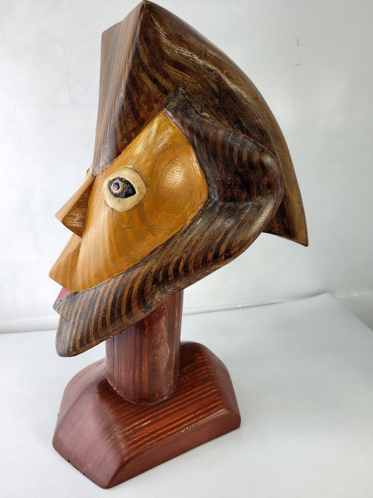 Vintage Folk Ark Wood Bust Statue Hand Craved Head Male Mohawk Bearded ...