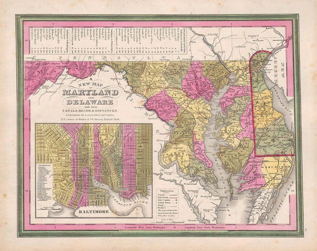 Scarce Mitchell/burroughs 1846 Map Of Maryland & Delaware Auction