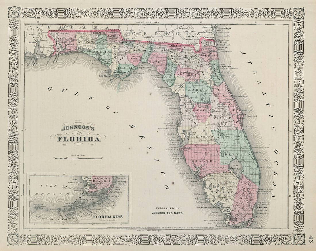 Buy Johnson's Florida. Florida Keys. Us State Map Showing Counties 1865 ...