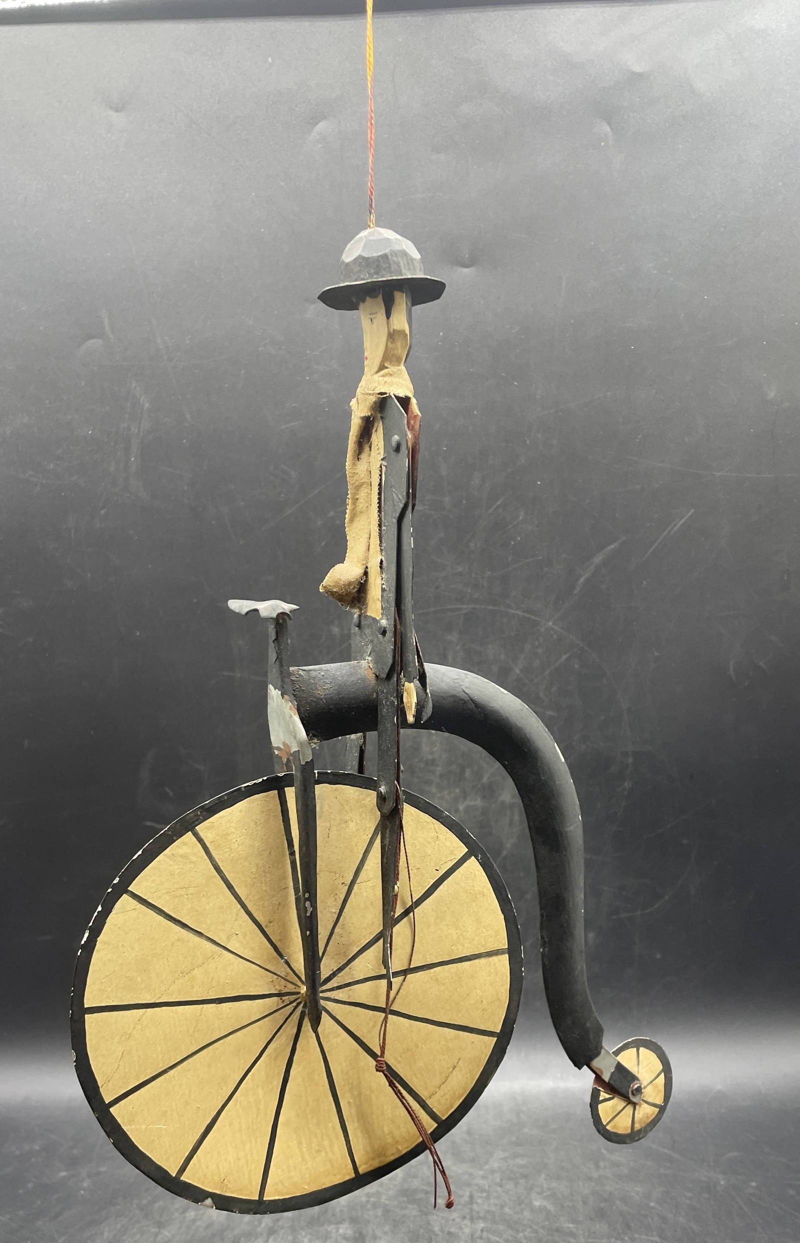 Old Wood Jumping Jack French Man Pull String Bicycle Folk Art Auction
