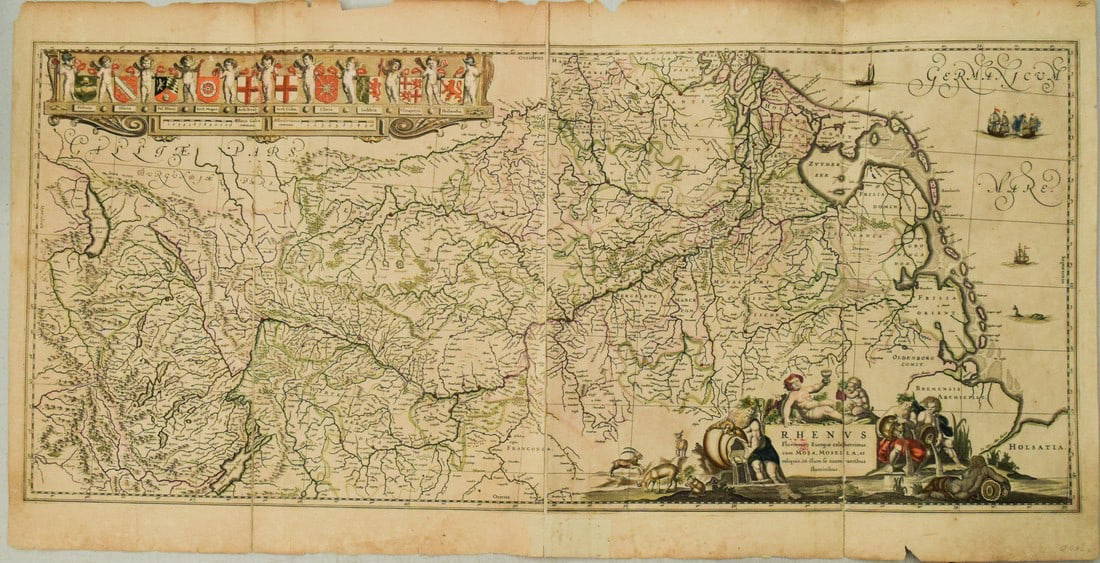 1636 Jansson Map Of The Course Of The Rhine River -- Rhenus Fluviorum ...