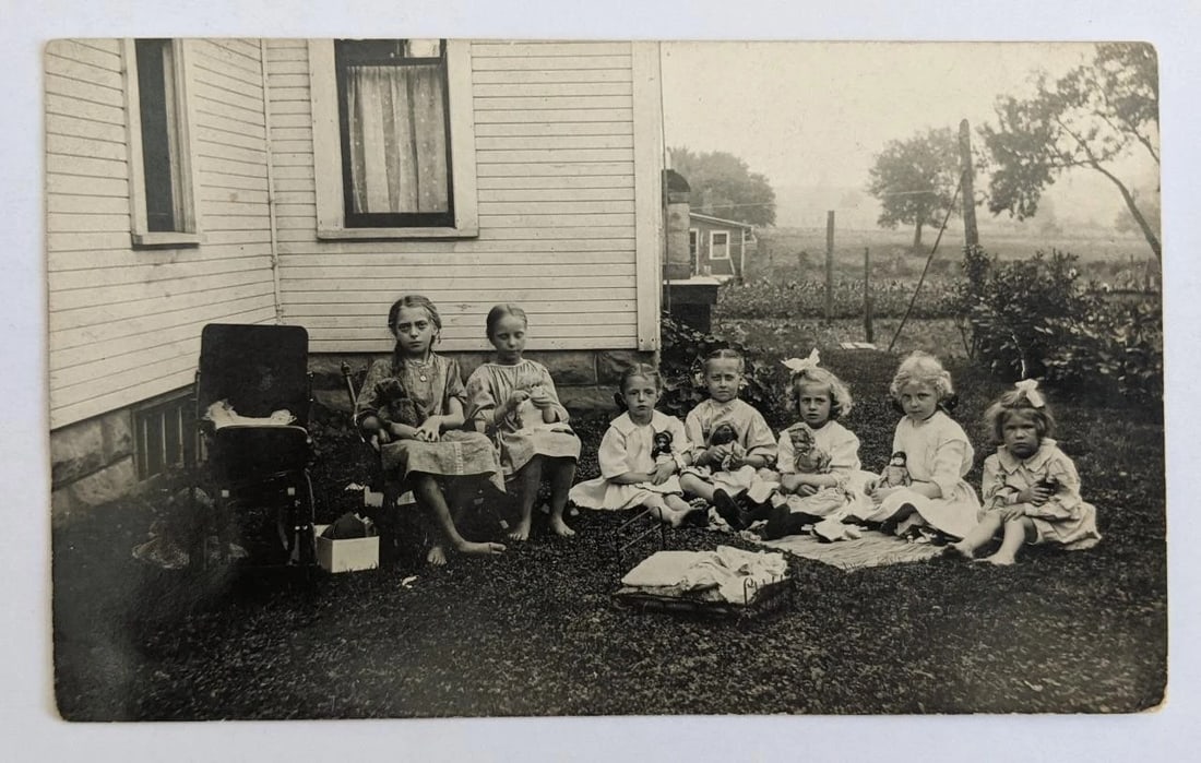 Vintage Real Photo Pc 7 Girls W Antique Doll S Teddy Bear S Etc ...