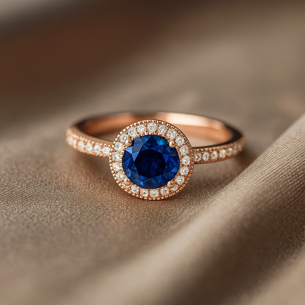 Royal Ember Halo – Blue Sapphire And Diamond Vintage Inspired Ring In 14k Rose Gold