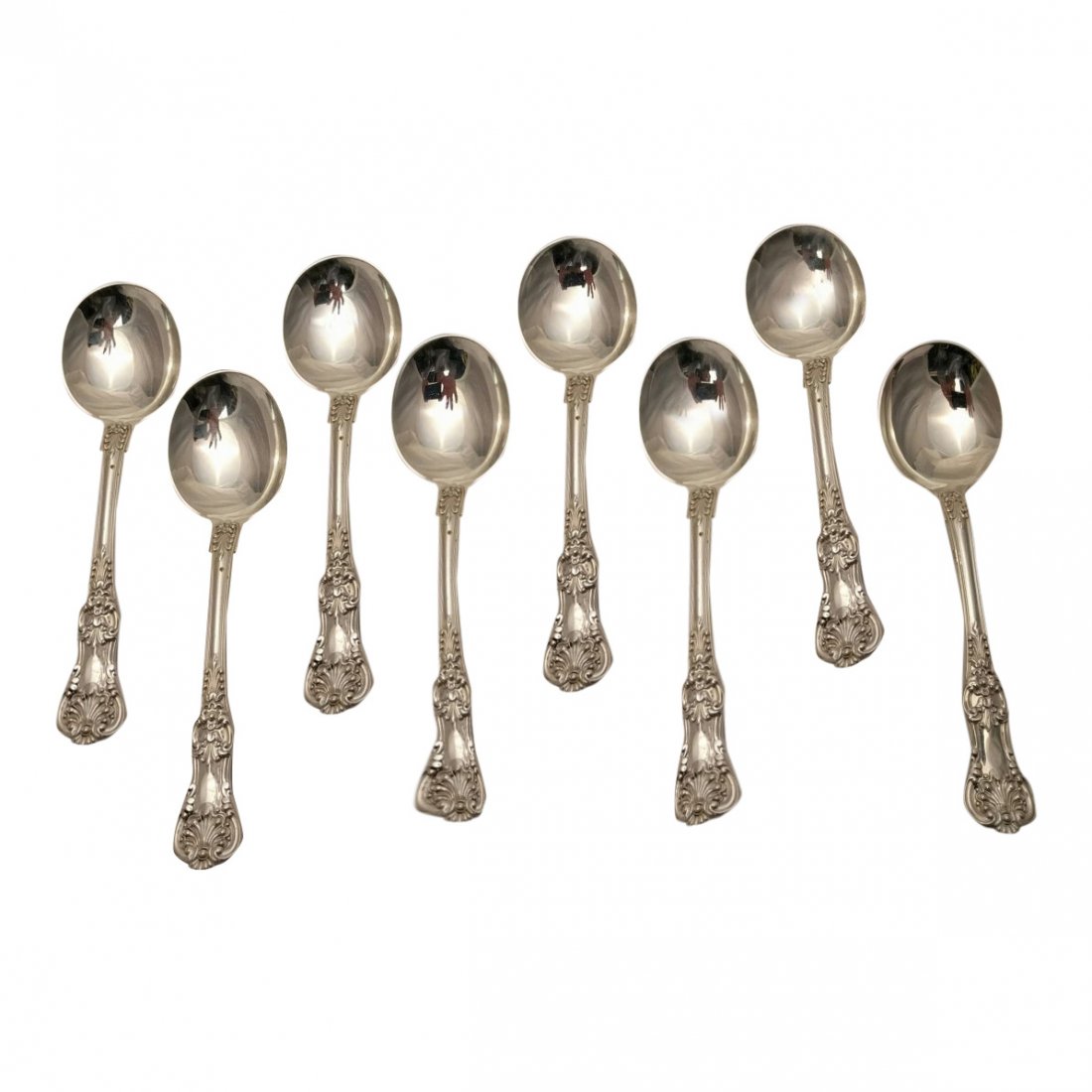 Set Of 8 Tiffany English Sterling King Soup Spoons