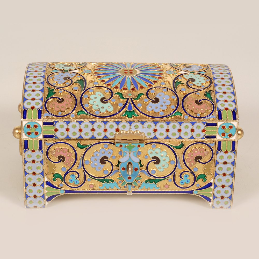 A Russian gilded silver & cloisonne enamel jewel casket