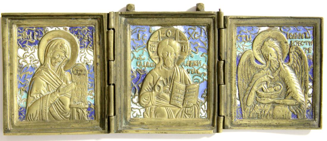 Deisis Metal Enamel Russian Icon Triptych, 19th C