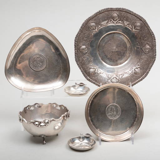 Two Silver Coin Inset Dishes And A Group Of Articles
