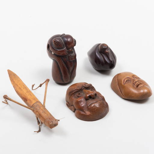 Group of Four Japanese Boxwood Netsuke and a Model of a Grasshopper ...
