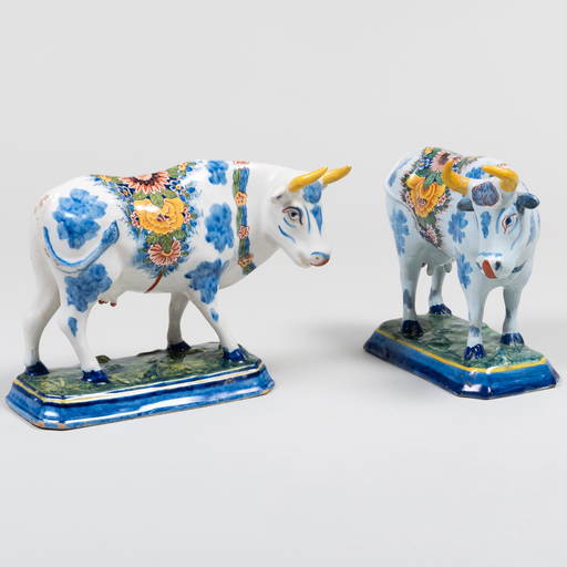 Pair Of Delft Figures Of Cows