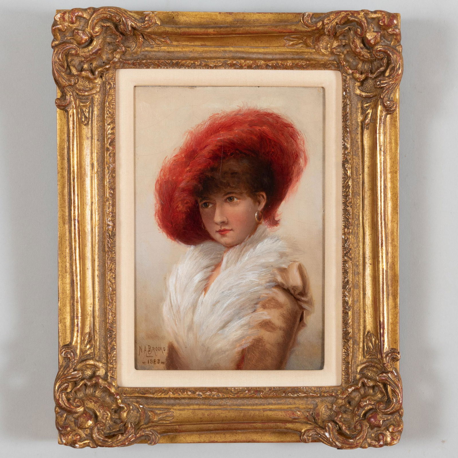 Nicholas Alden Brooks (1840 1904): Portrait Of A Lady In A Feathered Hat