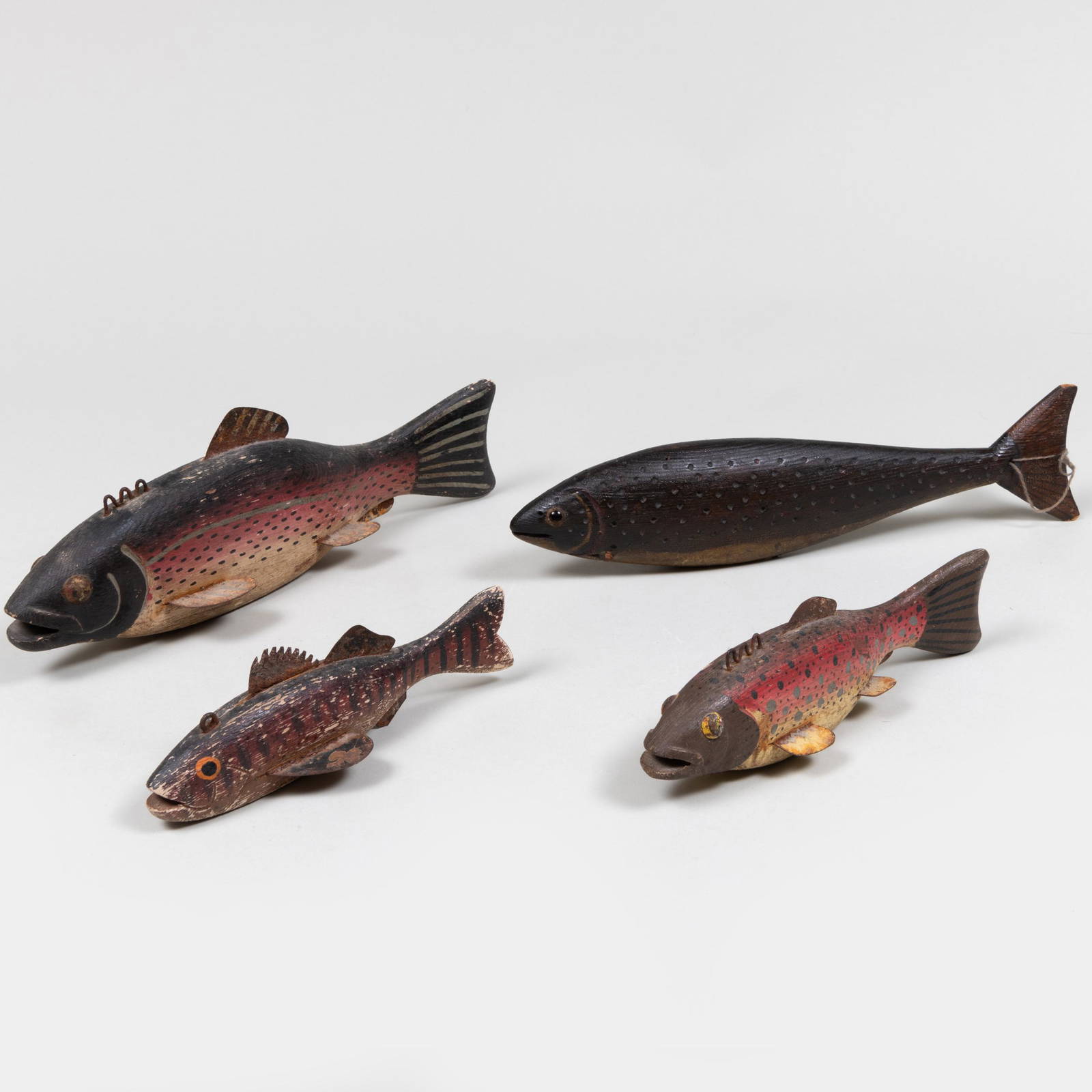 Two American Polychromed Wood Trout Decoys And Two Fish Lures Auction