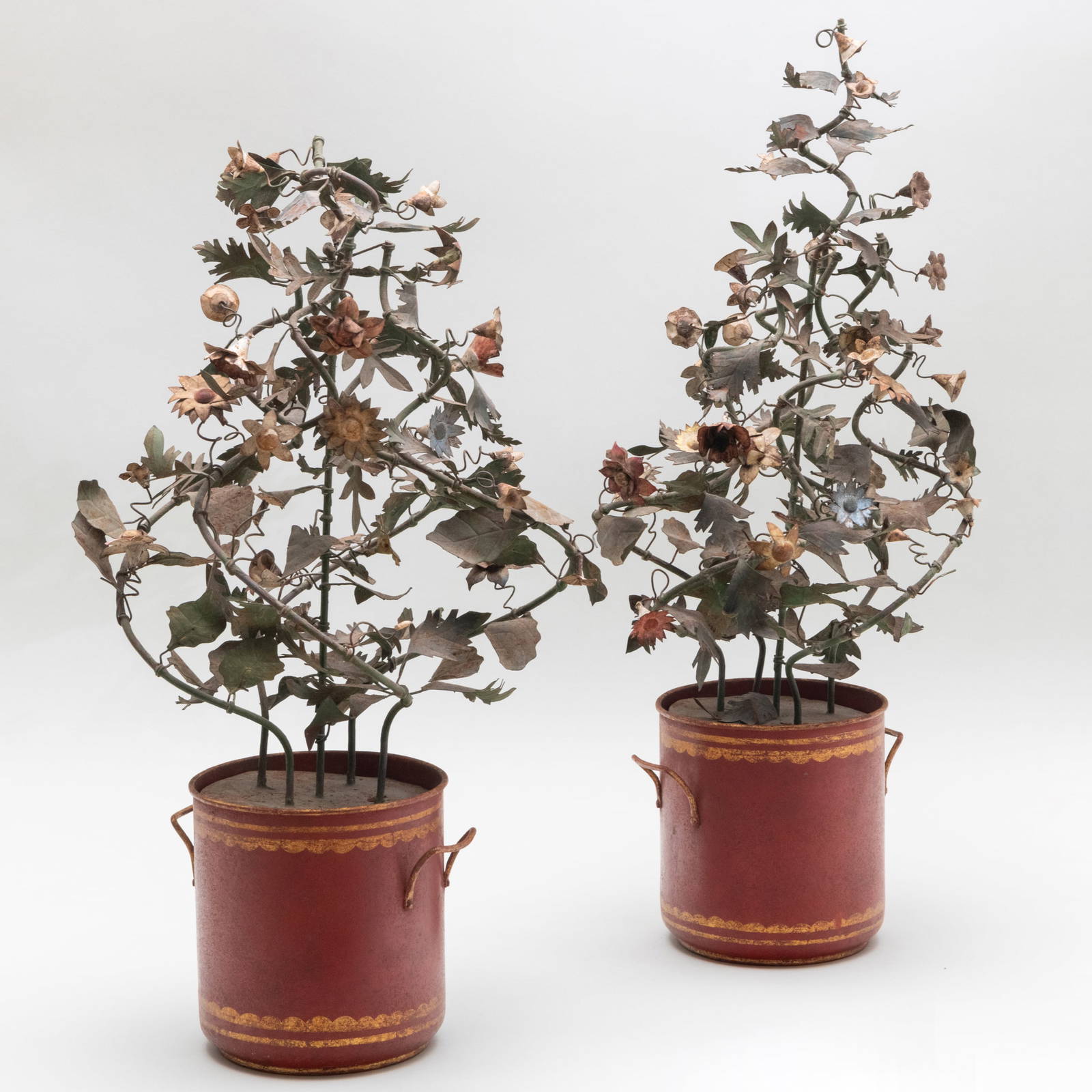 Pair Of Painted Tôle Cachepots With Tôle Flowers Auction