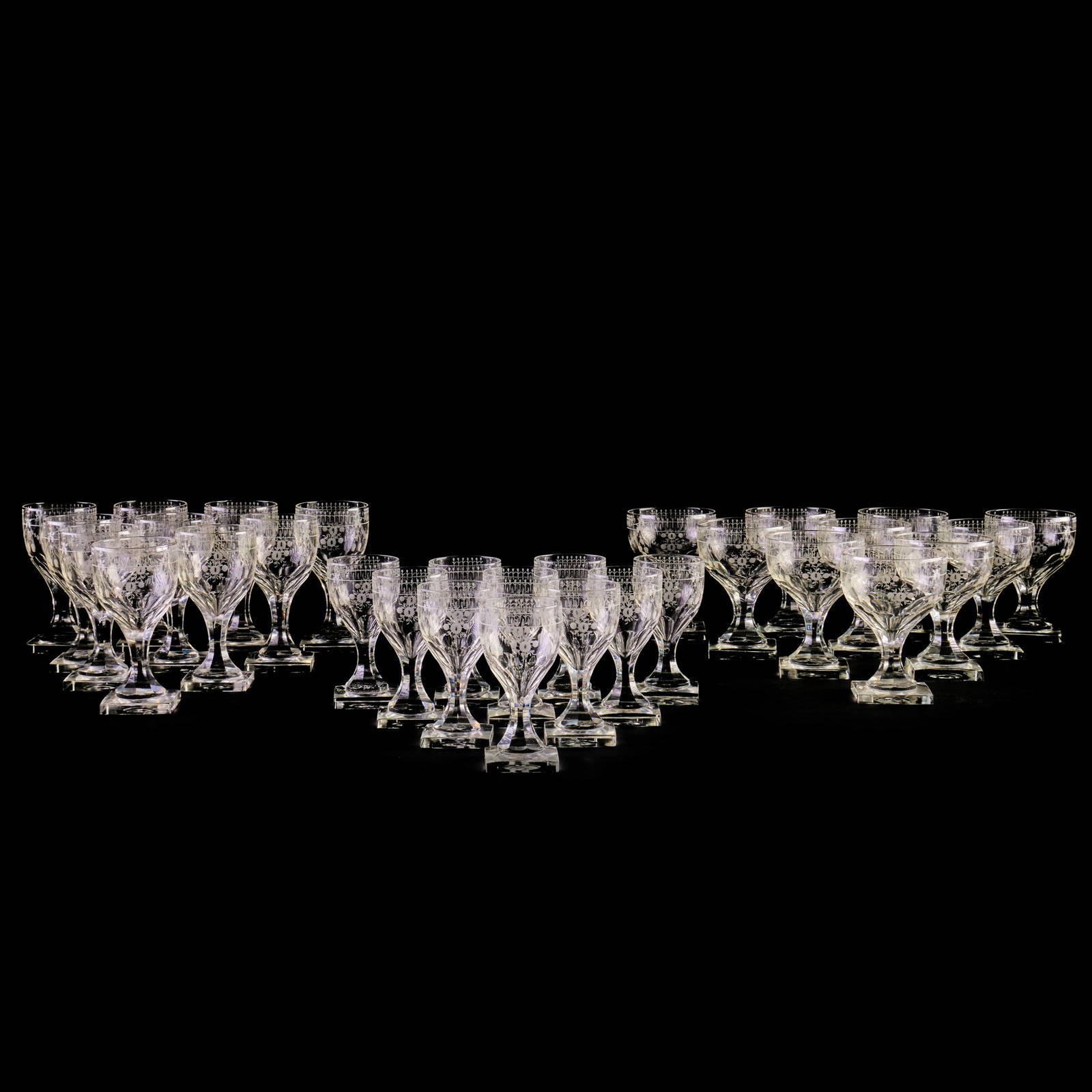 Etched Glass Stemware Service On Square Bases Auction