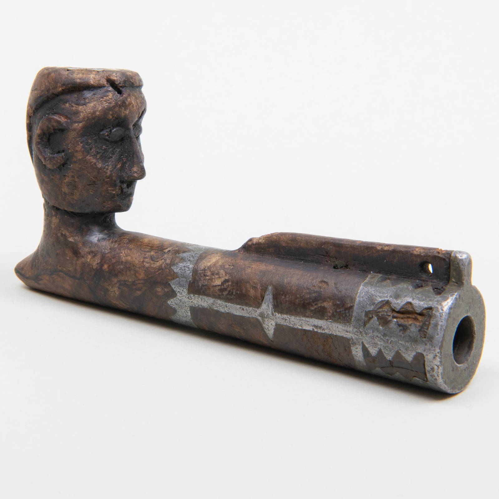 Woodlands Walnut Burl And Lead Inlay Figural Pipe Bowl, Central Great ...