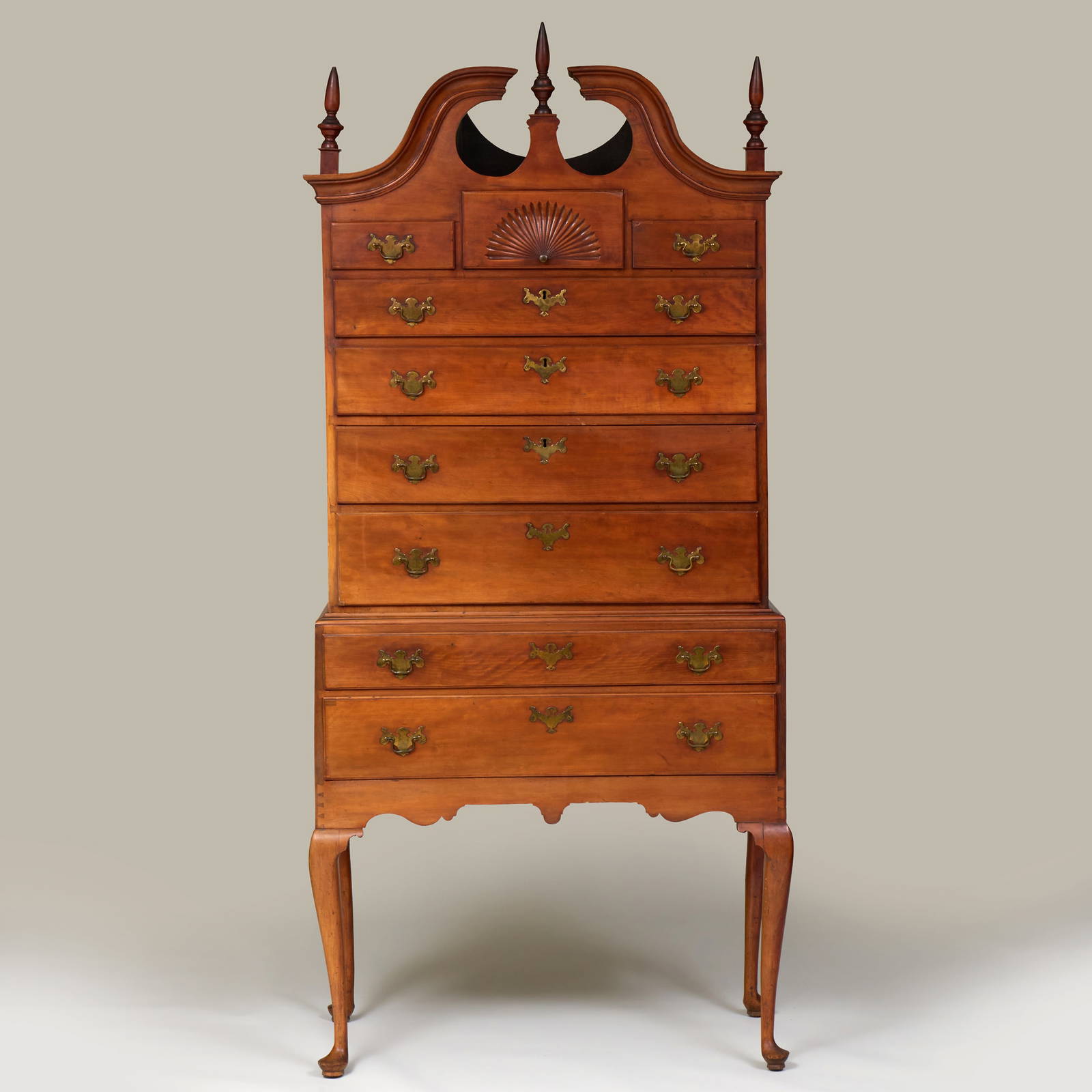 Fine Queen Anne Fan-carved Bonnet-top Cherry Highboy, Connecticut Auction